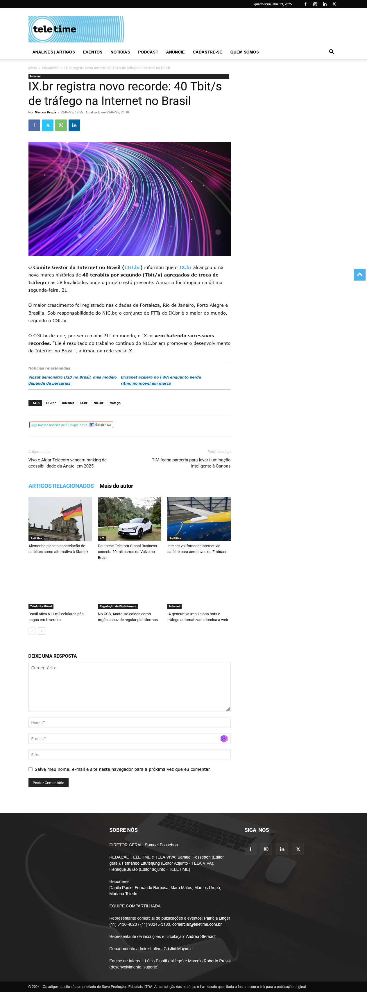 NIC.br - Na Mídia - IX.br registra 40 Tbit/s de tráfego na Internet no Brasil